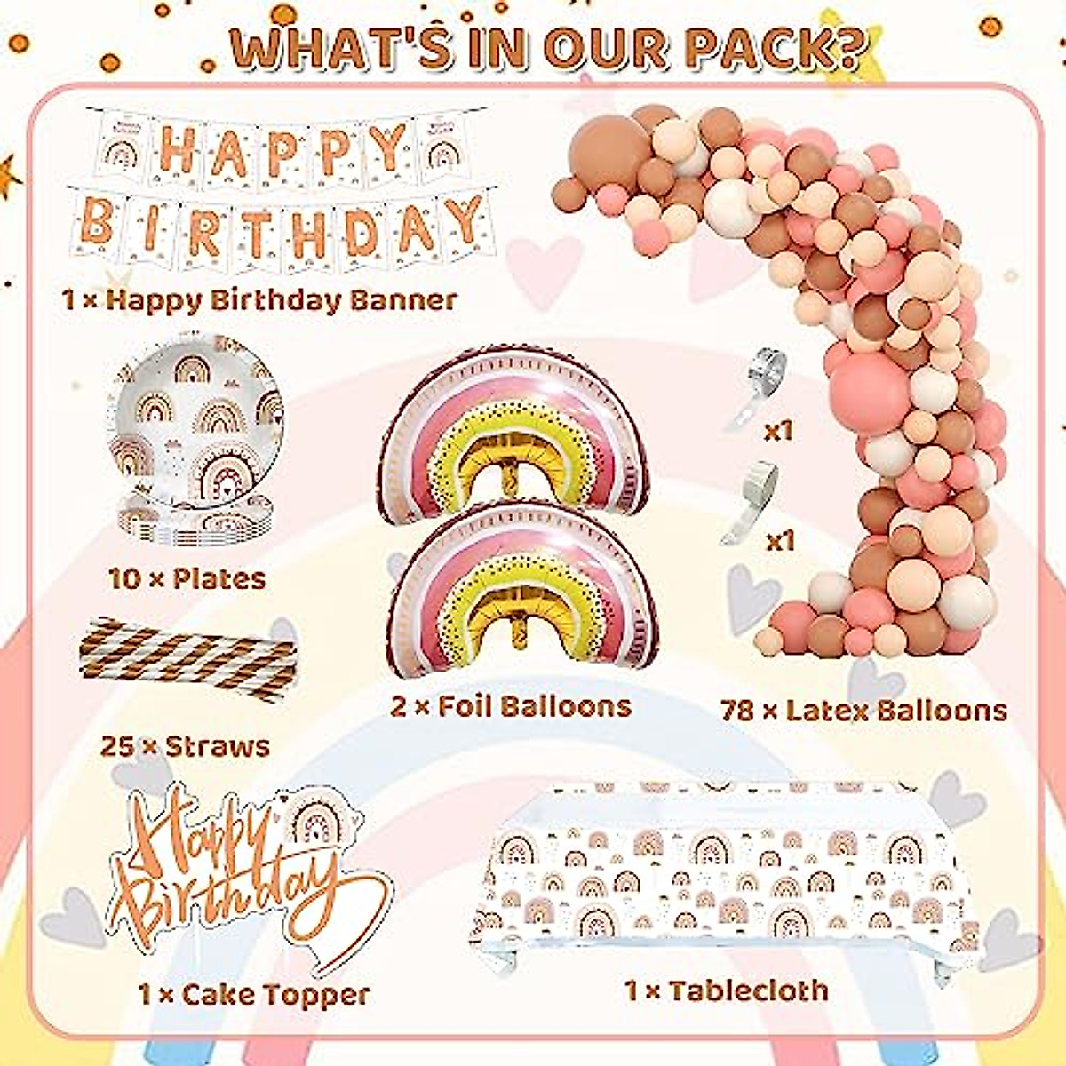 263Pcs Boho Rainbow Birthday Decorations, Boho Rainbow Birthday Party Supplies, Bohemian Birthday Party Decorations, Include Banner, Cake & Cupcake Topper, Backdrop, Tablewares, Balloon and Stickers