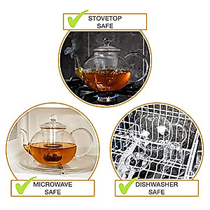 Kitchen Kite Clear Glass Teapot with Removable Glass Infuser and Lid - Glass Tea Kettle with Blooming, Loose Leaf Tea, Stovetop, Microwave & Dishwasher Safe, Tea Maker Gift Set (Holds 4-6 cups)