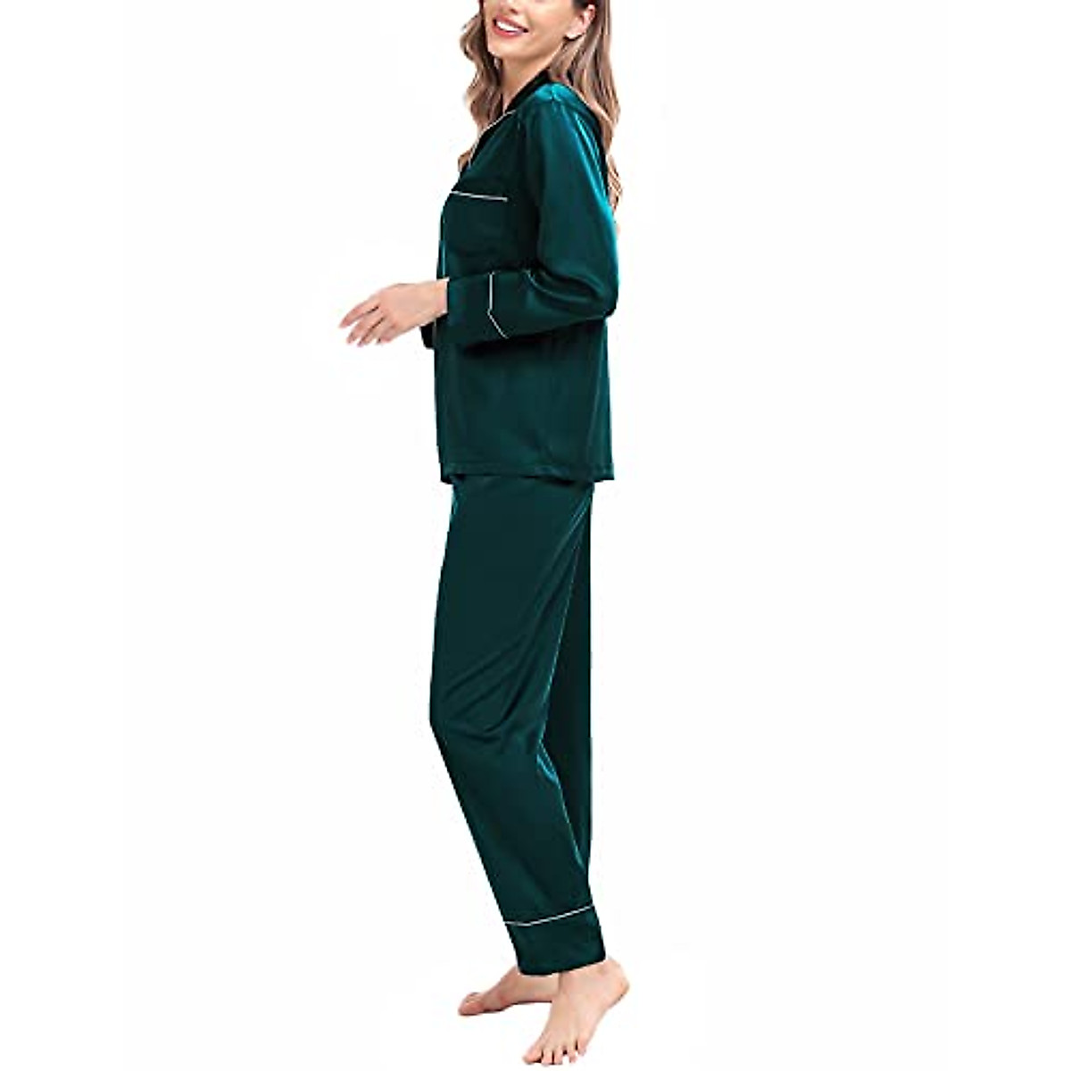 SWOMOG Women's Silk Satin Pajamas Loungewear Two-piece Sleepwear Button-Down Pj Set S-XXL Deep Green