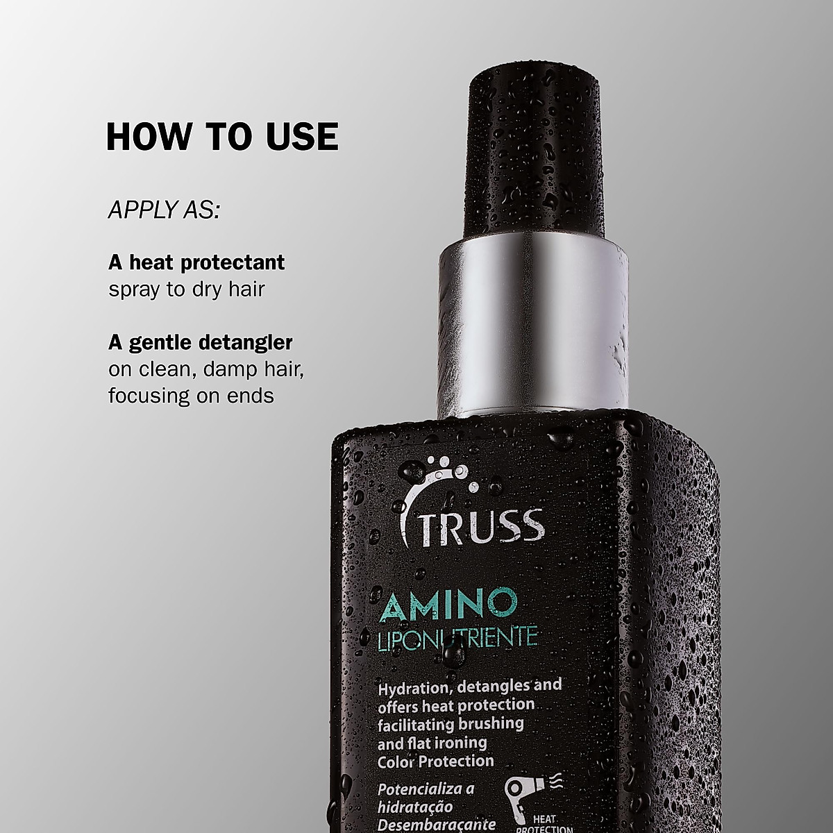 TRUSS Professional Amino Miracle Hair Heat Protectant Spray - Powerful, Anti-Aging Leave In Hair Treatment and Detangler Spray to Deep Condition + Smooth Knots (225 ml)