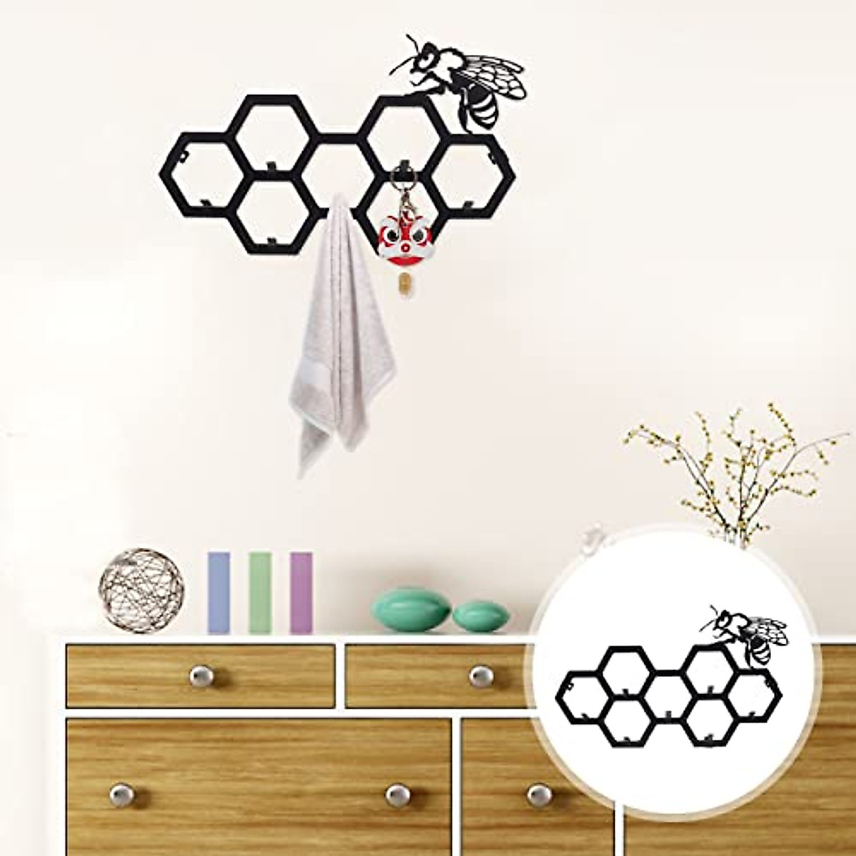 Cabilock 1pc Holder Multi- for Hook Hexagon Towels Rack Hanging Organizer Mounted Dog Wall Scarves Pattern Wooden Craft Household Metal Black Rustic Honeycomb Bedroom Key