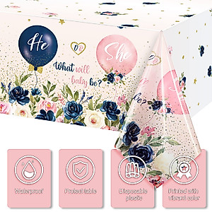 3 Pieces Gender Reveal Tablecloths Boy or Girl Table Cover Balloons and Floral Print Plastic Tablecloth Navy and Pink Table Cover for He or She Baby Shower Gender Reveal Party Decorations Supplies