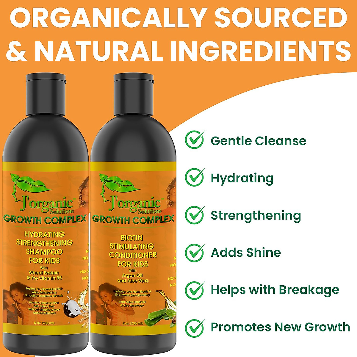 J'Organic Solutions Kids shampoo & Conditioner Hydrating and Strengthening- with Biotin- Phthalates-Free, No Sulfate, Paraben-free Baby And Toddler Shampoo and Conditioner (2x 8oz)