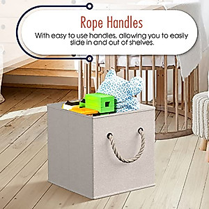 Ornavo Home Foldable Collapsible Storage Box Bins Linen Fabric Shelf Basket Cube Organizer with Rope Handles - Set of 6 - 13 x 13 x 13 - Beige