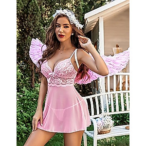 Avidlove Womens Lace Babydoll Lingerie Sexy Chemise Dress V-Neck Halter Nightwear Pink Medium