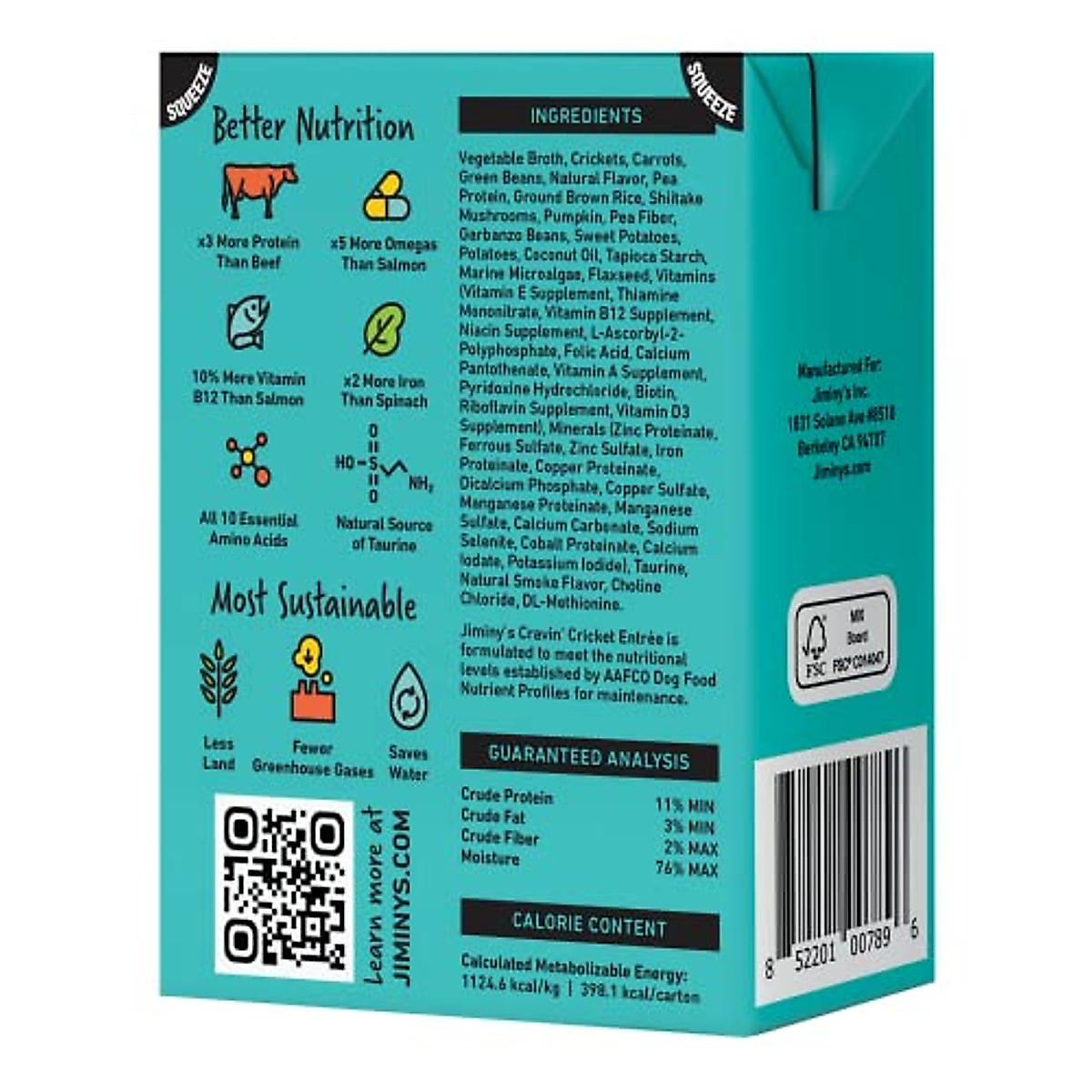 Jiminy's Cravin' Cricket Entree - Wet Dog Food, Insect Dog Food, Gluten-Free, Prebiotic, 100% Made in The USA, Sustainable, Recyclable Packaging, Organic Dog Food - 12.5 Oz (Pack of 6)