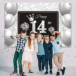 PAKBOOM Happy 14th Birthday Backdrop Banner - 14 Birthday Party Decorations Supplies for Boys Girls - Silver 3.9 x 5.9ft