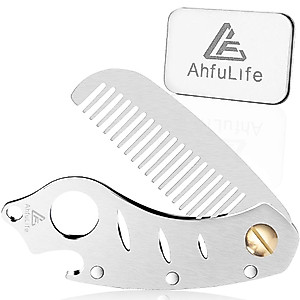 AhfuLife Stainless Steel Metal Hair & Beard Comb, Multifunctional Folding EDC Pocket Comb With Bottle Opener Fits In Keychain - Anti-Static Hair & Beard Care Comb Mustache Comb - Presented in Gift Box