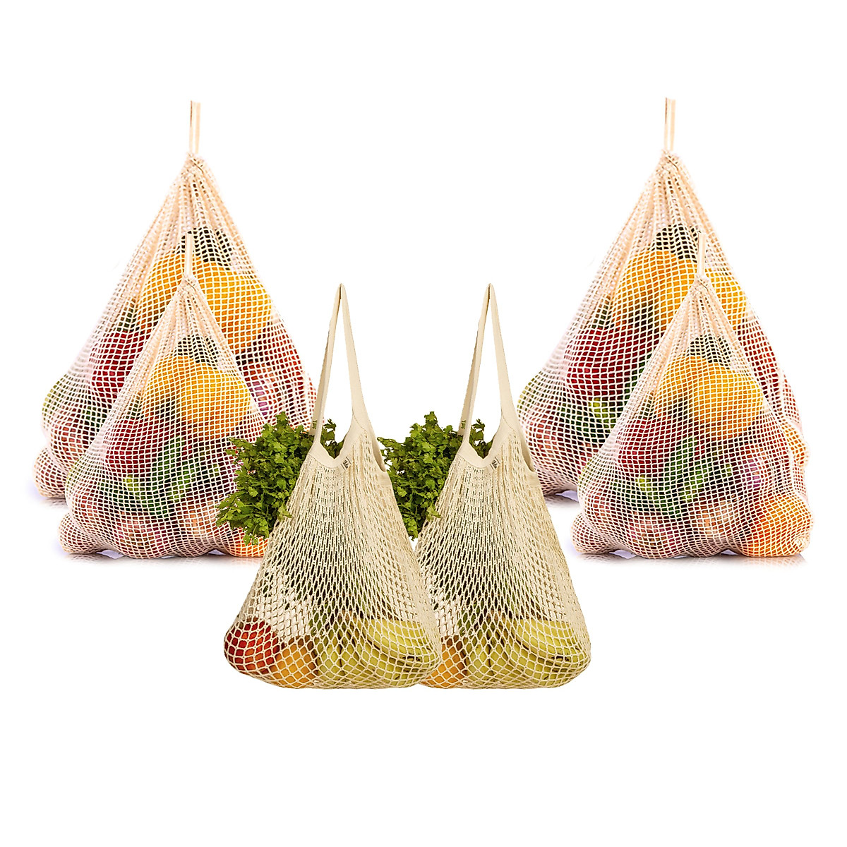 Reusable Produce Bags, Washable, Mesh Bags for Vegetables, Organic Mesh Produce Bags Cotton, Vegetable Storage Bags for Refrigerator Keep Fresh, Produce Storage Bag Set of 6(4 Mesh+2 String bags)