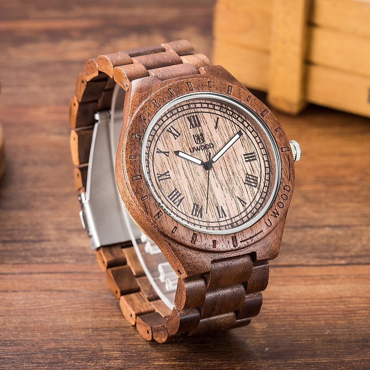 LeeEv Mens Light Weight Unique Wood Watch, Uwood Series Handmade Sandalwood Analog Quartz Vintage Roman Number Natural Wooden Wristwatch