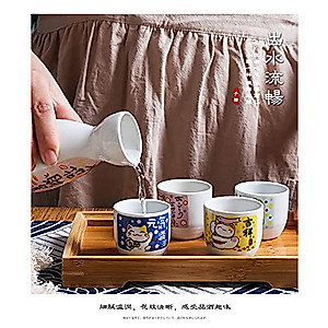 Japanese Maneki Neko Ceramic Sake Set ~ 5 Piece Sake Set (Included 1 TOKKURI Bottle 200ml and 4 OCHOKO Cups) with Cute Japanese Lucky Fortune Cat Pattern