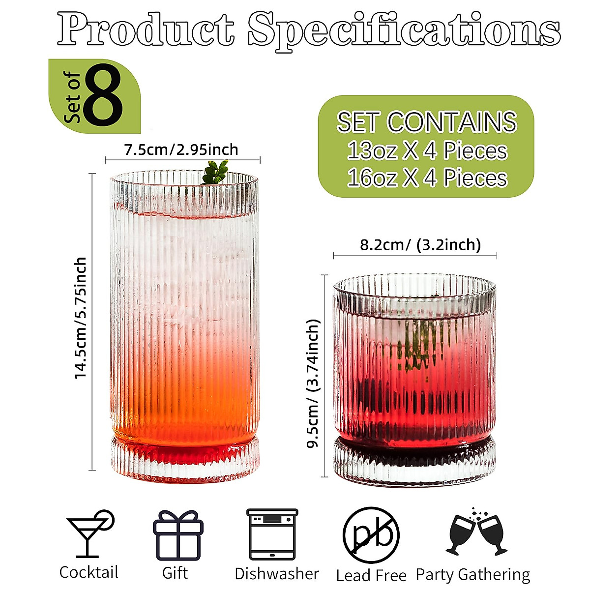 KEMORELA Drinking Glasses Set of 8, Ribbed Glassware, Vintage Fluted Glassware, 4 pcs Ribbed Glasses 16oz Highballs and 4 pcs 13oz Whiskey Glasses, Great for Cocktail, Beverages