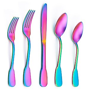 E-far 20-Piece Matte Rainbow Silverware Set, Stainless Steel Flatware Set Service for 4, Colorful Cutlery Set Include Forks Spoons and Knives for Kitchen Home Restaurant, Satin Finish & Widen Handle