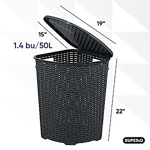 Plastic Corner Laundry Hamper with Lid, Curved Designed Laundry Basket, 2 Pack Triangle Grey Cloths Hamper Organizer with Cut-out Handles for Laundry Room Bedroom Bathroom, Wicker Design, 50 Liter