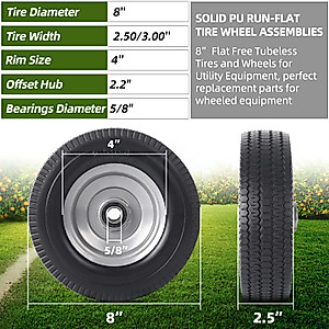 AR-PRO (2-Pack) 8-Inch Solid Wheel Replacement - 2.50-4" Flat Free Tire and Wheel with 5/8 extra 3/4 Bearings and 2.2" Offset Hub - Compatible with Hand Truck, Generator, Gorilla Carts