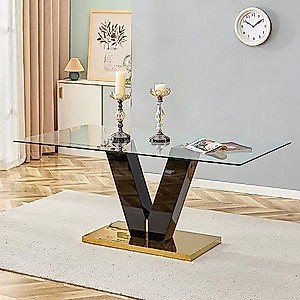 Modern Glass Dining Table for 8, Rectangle Glass Dining Room Table with Large Tempered Glass Tabletop & V Shaped Wood Frame, Golden Pedestal Base, 70.87" Glass Top Dining Table for Dining Room Kitchen