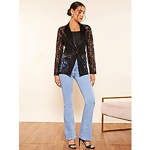 WDIRARA Women's Floral Lace Mesh One Button Lapel Neck Long Sleeve Elegant Jacket Blazer Black S