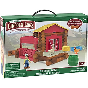 LINCOLN LOGS – Fun On The Farm - 102 Parts - Real Wood Logs - Ages 3+ - Best Retro Building Gift Set for Boys/Girls – Creative Construction Engineering – Top Blocks Game Kit - Preschool Education Toy
