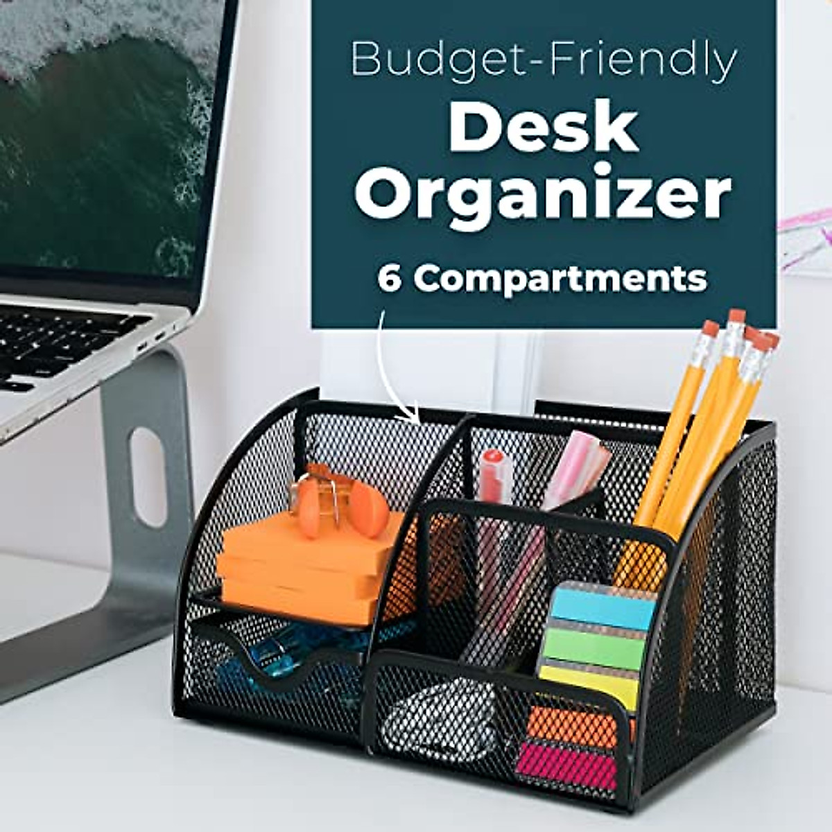 Greenco Mesh Office Supplies Desk Organizer Caddy, 6 Compartments, Black