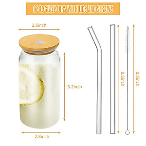 ABuff 8 Pcs Can Shaped Glass Cups with Lids and Straws 16 Oz Beer Can Glass cups Iced coffee cups with Bamboo lids and straws, Mason Glass Tumbler for Soda Smoothie Boba Cocktail - with 2 Brushes