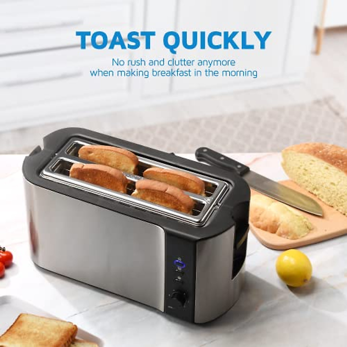 Toaster 4 Slice, 10'' Long Slot Toaster 2 Slice, Extra-Wide Stainless Steel Toasters, 4 Slice Toaster, Warming Rack & 6 Shade Settings, Defrost/Reheat/Cancel, Toaster for Croissants Bread(Silver)
