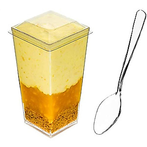 DLux 100 x 3 oz Mini Dessert Cups with Spoons and Lids, Square Tall - Clear Plastic Parfait Appetizer Cup - Small Reusable Serving Bowl for Party Desserts Appetizers - With Recipe Ebook