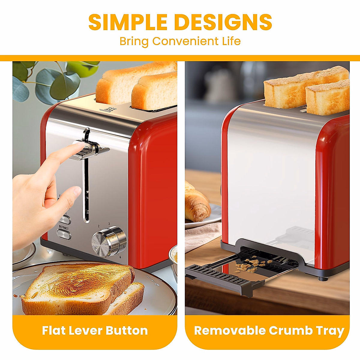 Simple Deluxe 2-Slice Toaster, Stainless Steel Toaster, 6 Browning Setting and 3 Function, Extra Wide Slot & Removable Crumb Tray, for Bread & Waffle, Red