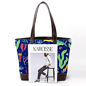 Women's Large Size Canvas Shoulder Bag Hobo Crossbody Handbag Casual Tote, Cartoon Sea Animal Octopus Sea Turtle Scallop