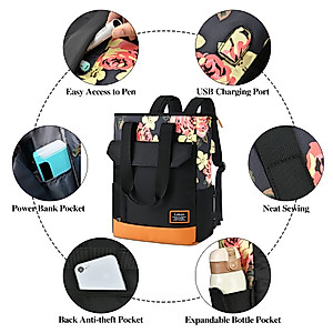 LOKASS Convertible Backpack Tote Bag丨 Slim Work Daypack For Women丨Commuter Laptop Backpacks School 丨Tote Bags For School/College/Travel 丨Fits 15.6 Inch Laptop, Black with Peony