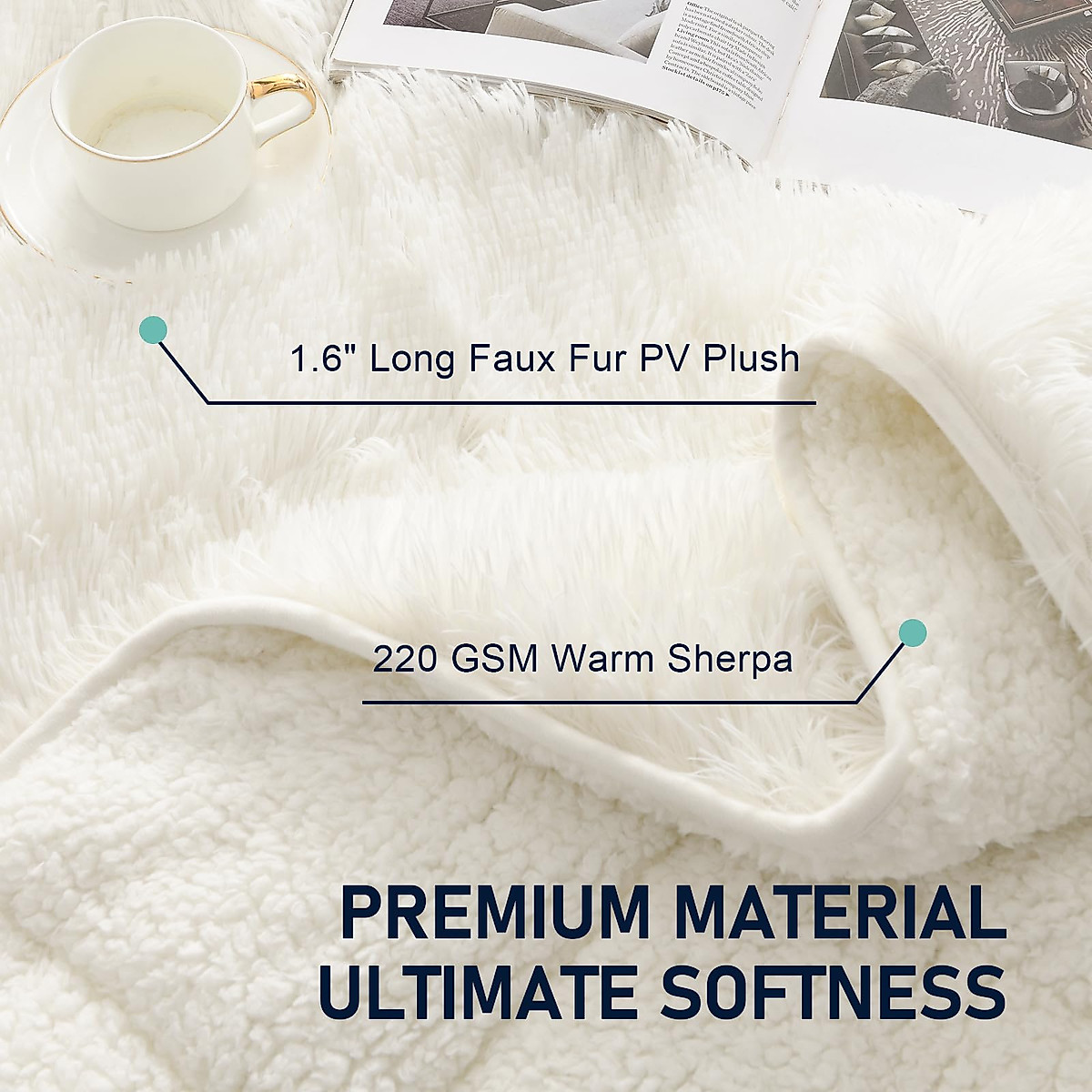 Wemore Shaggy Long Fur Faux Fur Weighted Blanket, Cozy and Fluffy Plush Sherpa Long Hair Blanket for Adult 20lbs, Fluffy Fuzzy Sherpa Reverse Heavy Blanket for Bed, Couch, Cream White, 60 x 80 Inches