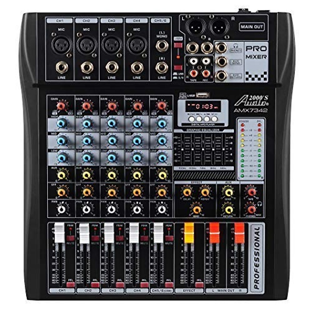 Audio2000'S AMX7342 Six-Channel Audio Mixer with USB Interface and Sound Effect