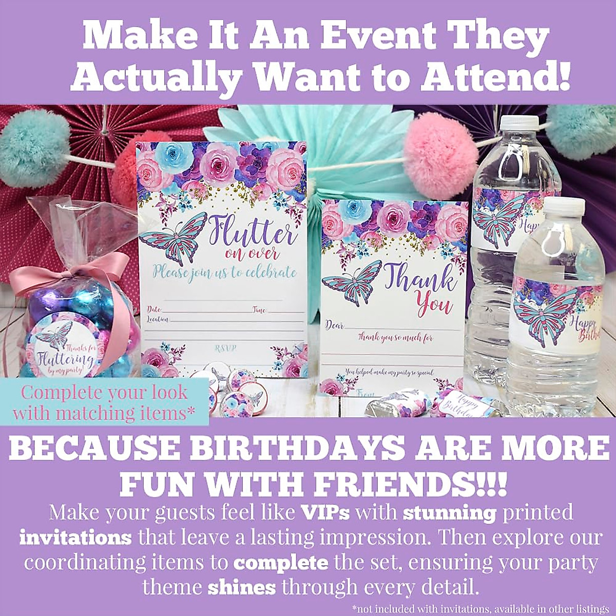 Amanda Creation Watercolor Floral Butterfly Birthday Party Fill In Style Invitations in pink, blue and purple. Set of 20 including envelopes