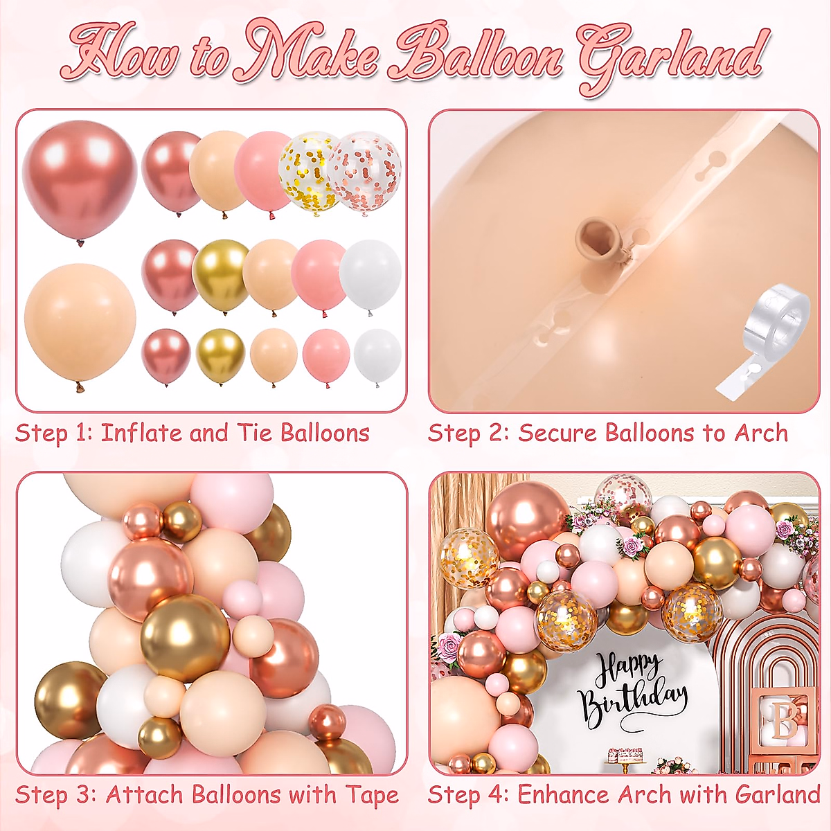 144Pcs Rose Gold Balloons Baby Shower Decorations for Girl Baby Boxes with Letters Pink Princess Balloon Arch Kit Kids Gender Reveal Wedding Bridal Birthday Party Supplies