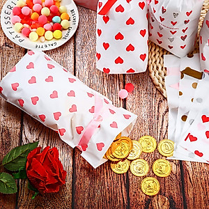 50 Pieces Treat Bags Valentines Day Cookie Goodies Bags Hearts Plastic Drawstring Candy Wrapping Bags for Wedding Party Bridal Engagement Favors, 5 Styles
