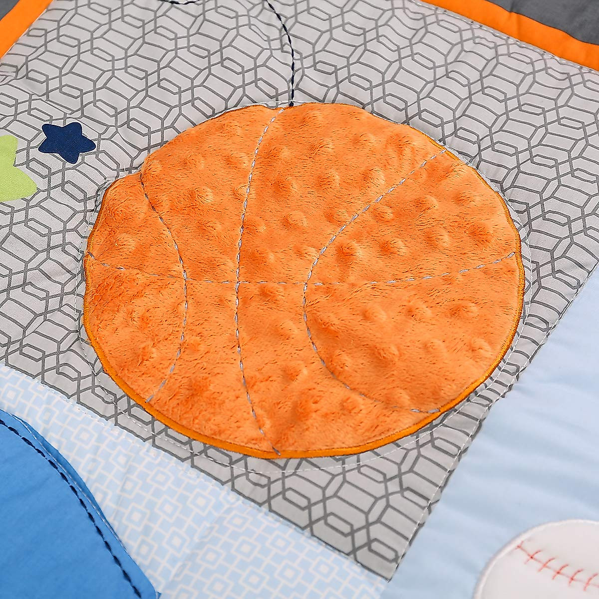 2 PCs Blue Sports Themed Nursery Crib Bedding Set Quilt, Fitted Sheet Soccer Basketball Baseball Embroidery Baby Boy Cot Bedding Set