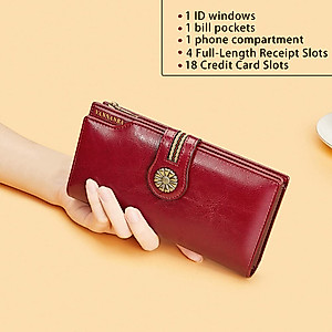 VANNANBA Large Capacity Clutch Wallet For Women RFID Blocking Waxed Genuine Leather Zipper Wallet Ladies Card holder (red)