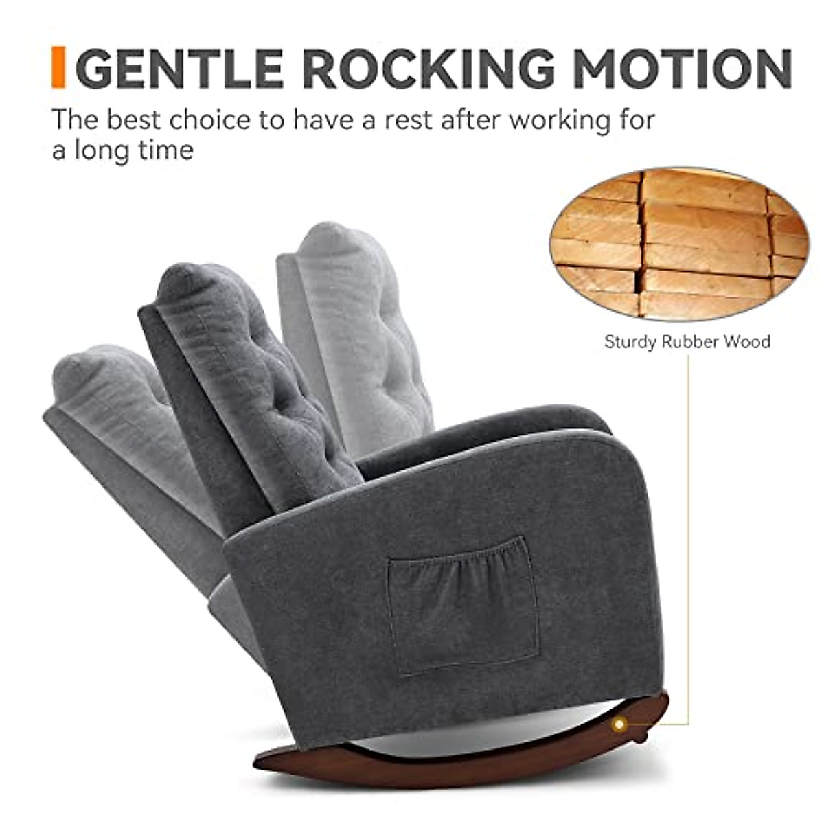 cinkehome Modern Accent Rocking Nursery Chair-Upholstered Rocker Glider Chair for Baby and Kids-Mid Century Tall Back Armchair with Solid Wood Legs-Living Room-Bedroom-Cotton Dark Gray