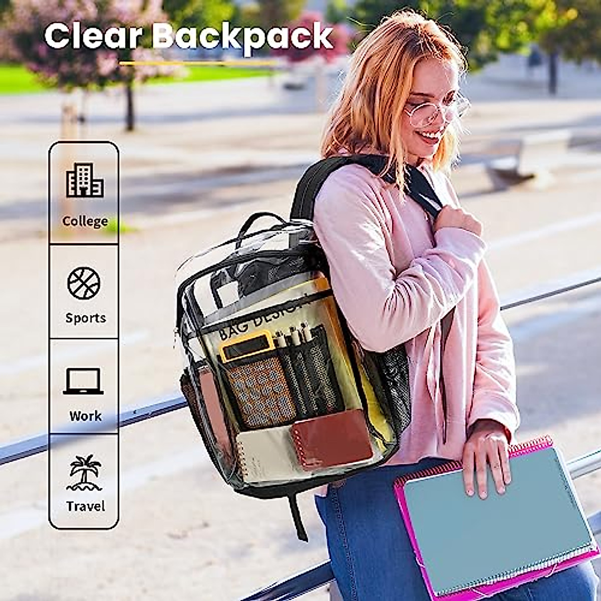 Vorspack Clear Backpack Heavy Duty - Clear Book Bag with Multi-pockets Large See Through Backpack for College Workplace - Black