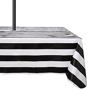 LUSHVIDA 100% PVC Outdoor Tablecloth with Umbrella Hole, Waterproof & Stain Resistant Vinyl Table Cloth for Spring Summer Patio Garden Tabletop Decor, Black/White Stripe, Rectangular 60x102 Inch