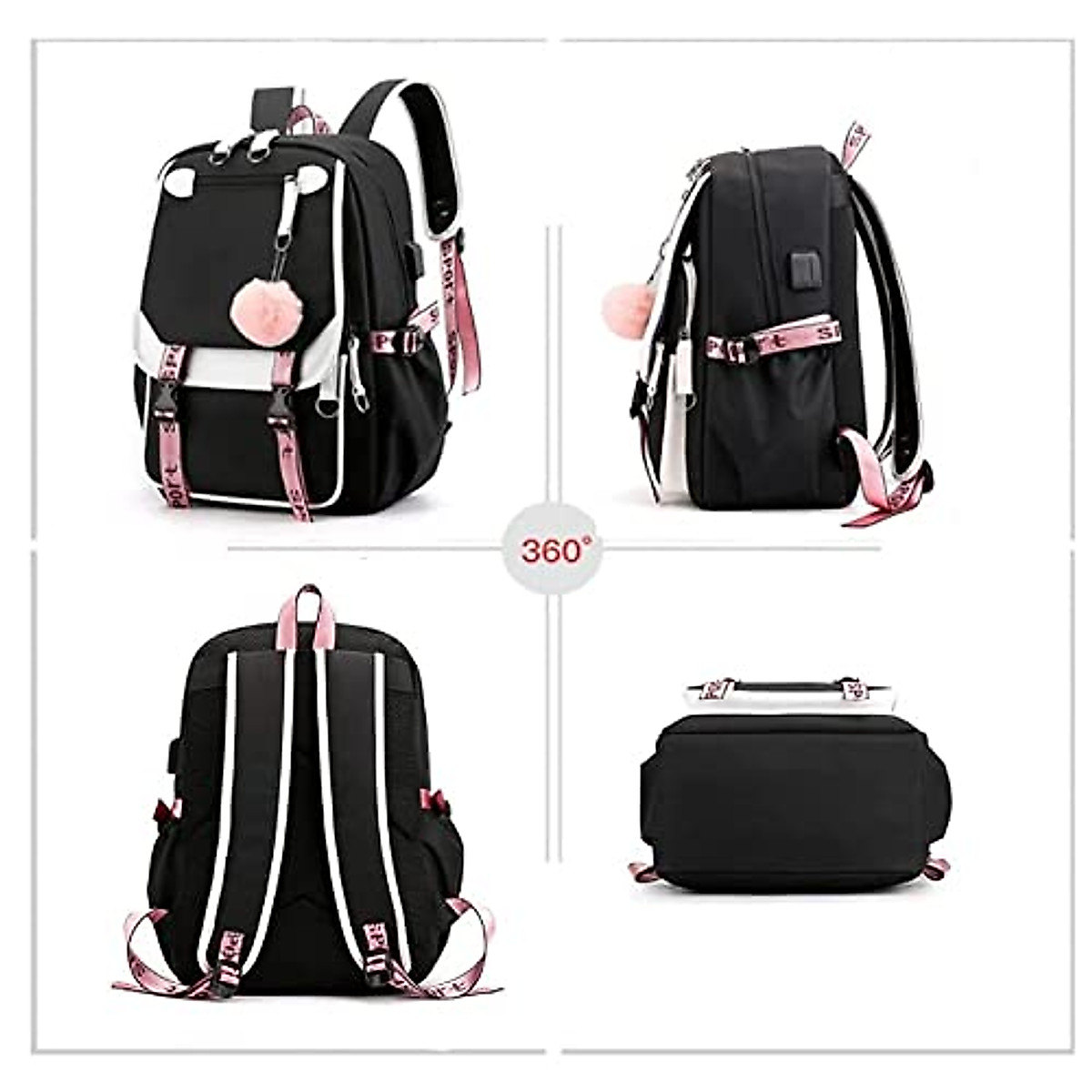 Teen Girls School Backpack with USB Port, Kids Black Backpack Lightweight Waterproof Can Hold 15.6 Laptop, Tablet.cute backpacks for high school Can Be Used As Gifts For Students Or Friends (Black)