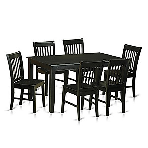 East West Furniture DUNO7-BLK-W 7-Piece Kitchen Table Chairs Set - a Rectangular Modern Kitchen Table - 6 Wood Dining Chairs with Solid Wood Seat & Slatted Back - Black Finish
