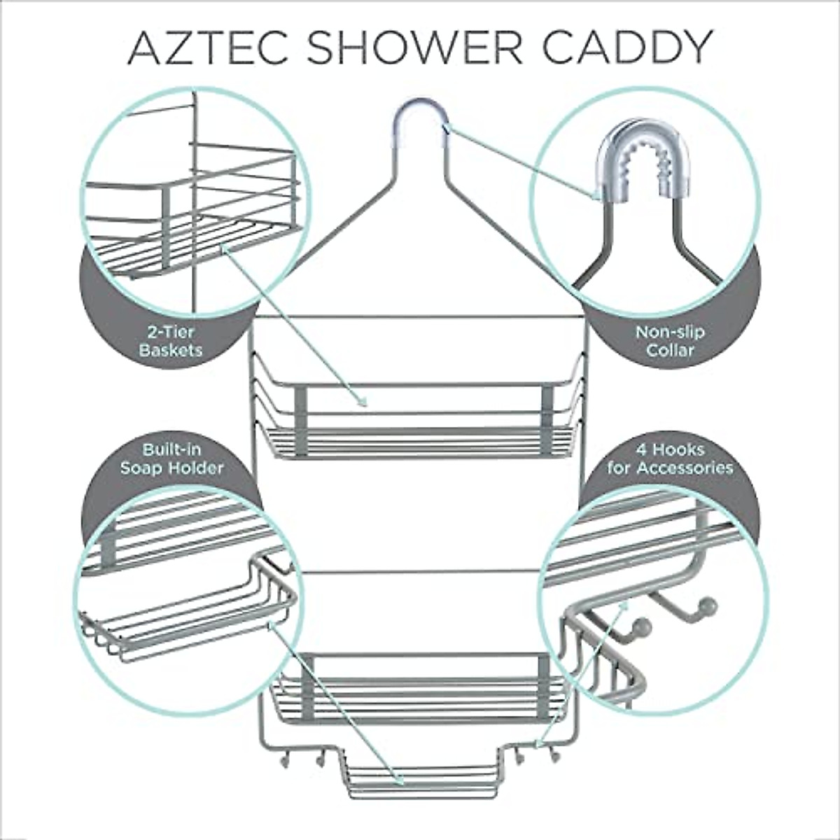 Bath Bliss 2 Tier Linear Hanging Shower Caddy | Bathroom Storage & Organization | Shower Head Hang | Holds Large Bottles | Soap Dish | Accessory Hooks | Grey