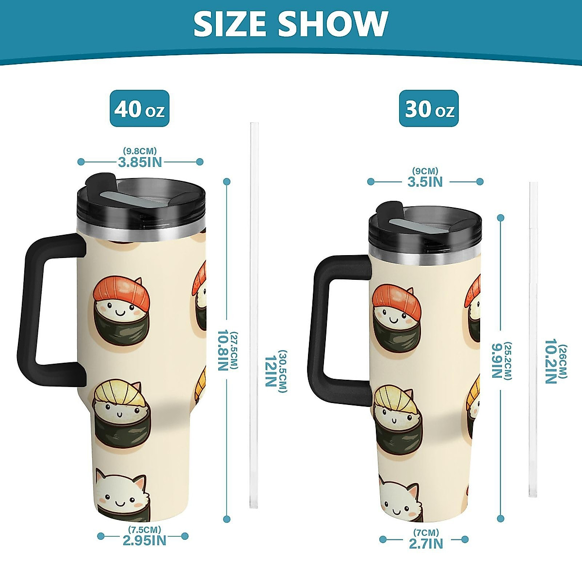 Selerdon 40 oz Tumbler Cute Sushi with Handle and Straw Lid Vacuum Stainless Steel Insulated Water Bottle Travel Mug Car Cup Holder Friendly BPA Free for Gym Travel Office