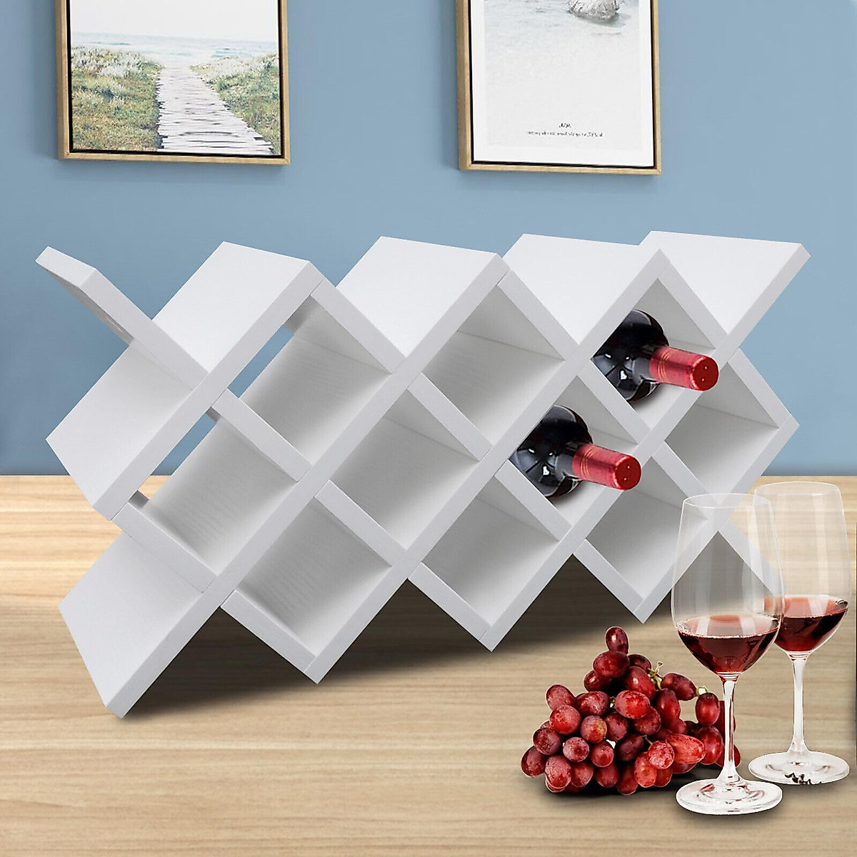 PIAOCAIYIN Wine Lattice Rack, 10 Grids Wine Rack Wall Mounted, Wine Shelf Wall Mounted, Free-Standing Diamond-Shaped Design, Storage Shelf Glass Bottle Organizer for Living Rooms, Kitchens, Bars