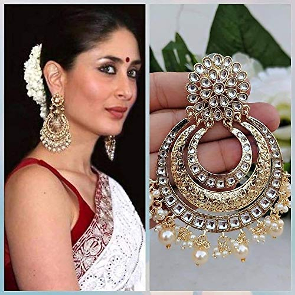 I Jewels 18k High Gold Indian Wedding Bollywood Matt Finish Plated Big Chandbali Handmade Royal Blue Enamel/Meenakari Kundan & Pearl Earrings for Women (E2860FL)