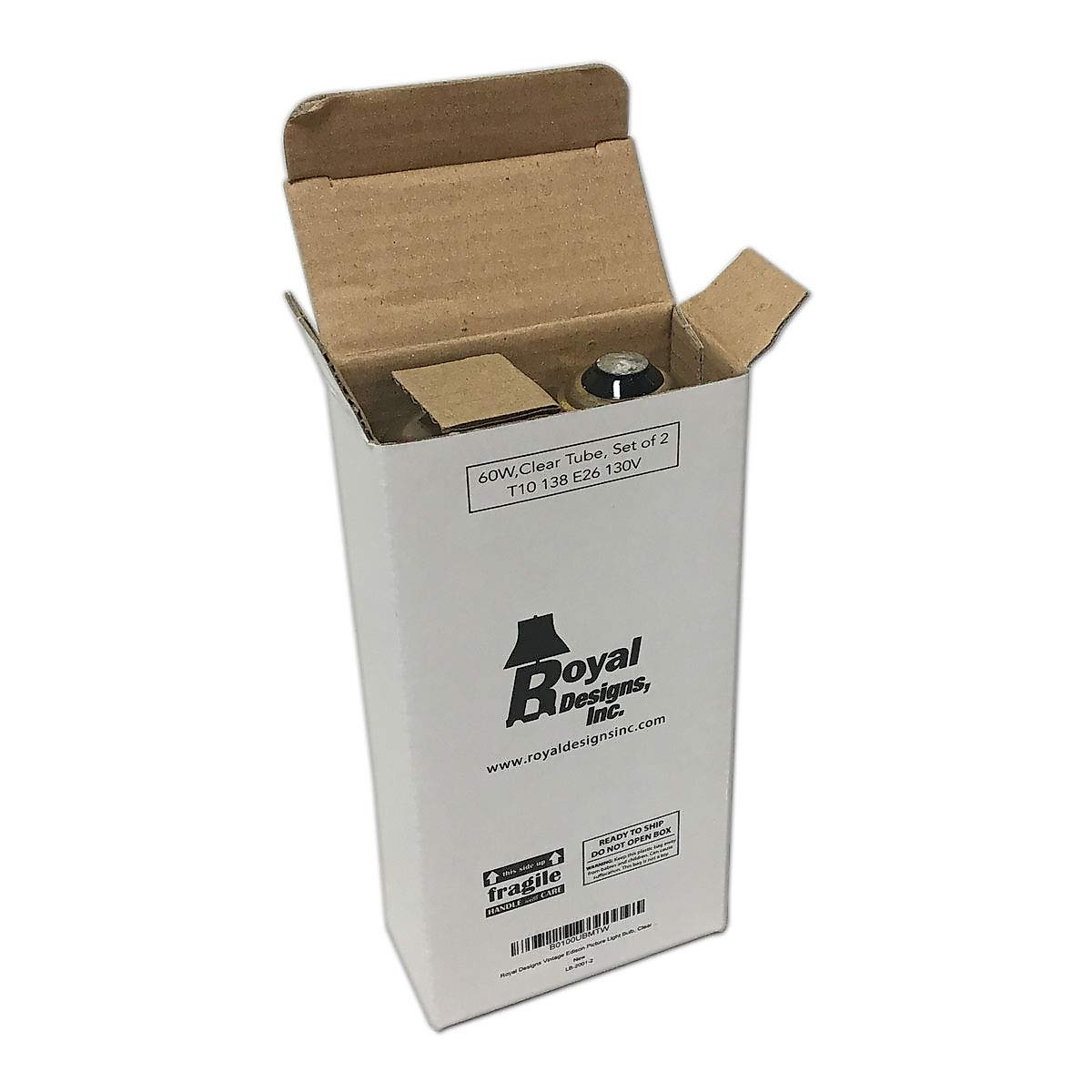 Royal Designs LB-2001-2 Clear Edison Incandescent Vintage Style 60-Watt T10 E26 120V Light Bulb, 2 pack