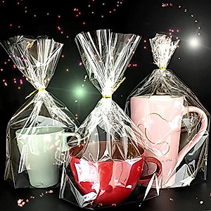 PigPotParty 8"x 11",100Pcs Bottom Gusset Bags, Clear Cello Cellophane Plastic Treat Goodie Bags with 100x Twist Ties, Party Favor Packaging, Return Gift Mug Toy Wrapping (No Side Gusset)