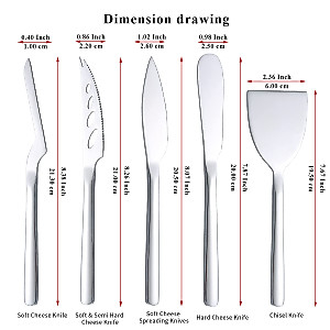 Berglander Cheese Knife Set of 5 for All Types of Cheese, Stainless Steel Cheese Cutter Slicer Ergonomic Design for Confortable Grip and Cut, Butter Spreader Knife
