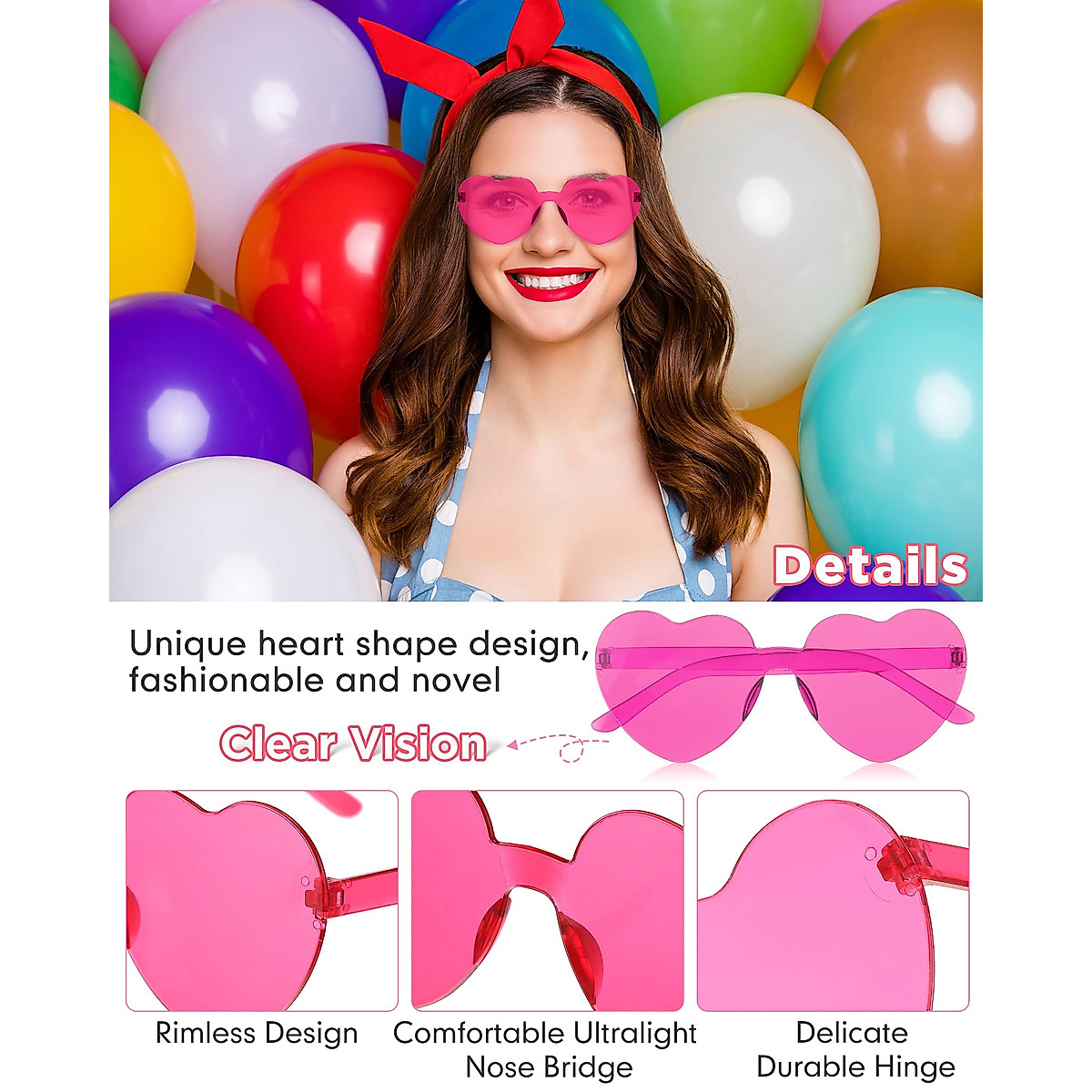 Yunsailing 30 Pcs Heart Shape Sunglasses Rimless Heart Glasses Bulk Colorful Glasses for Adults Trendy Glasses Women Eyewear (Bright Color)