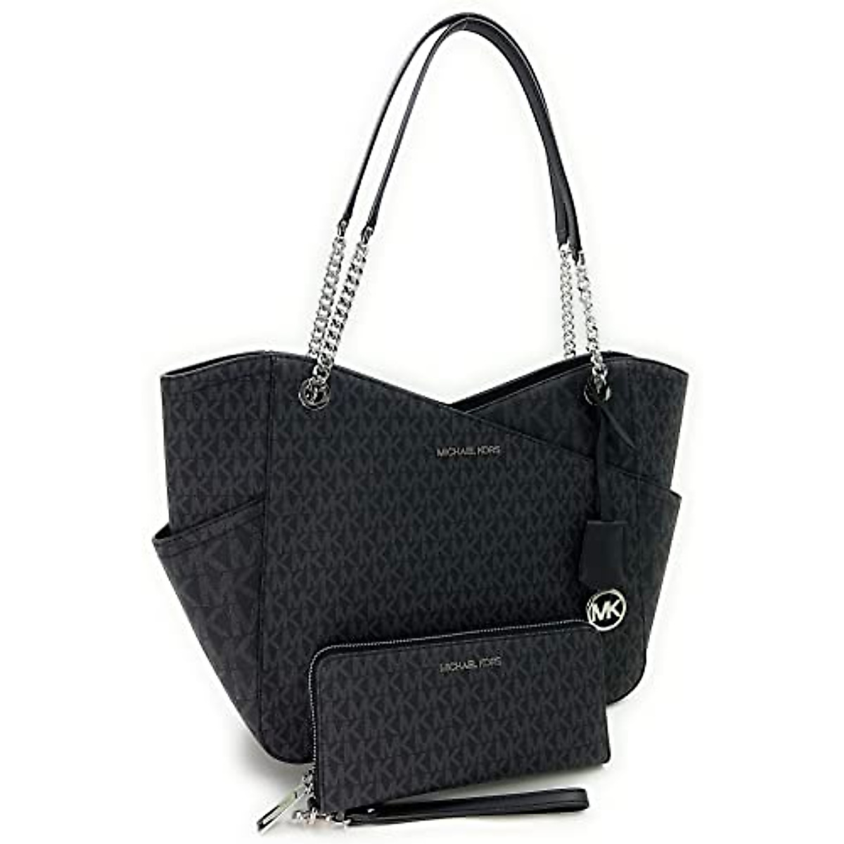 Michael Kors JST Large Chain Shoulder Tote JST Continental Wristlet (Black Signature)